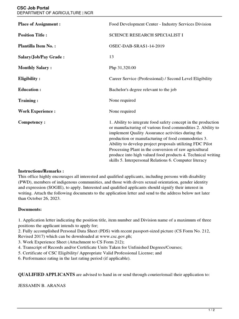 Science Research Specialist I Position | PDF