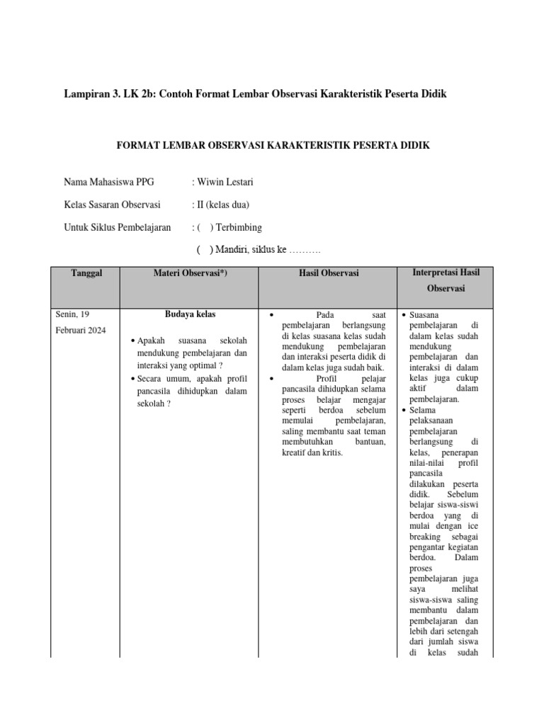 Lampiran 3. LK 2b Contoh Format Lembar Observasi Karakteristik Peserta ...
