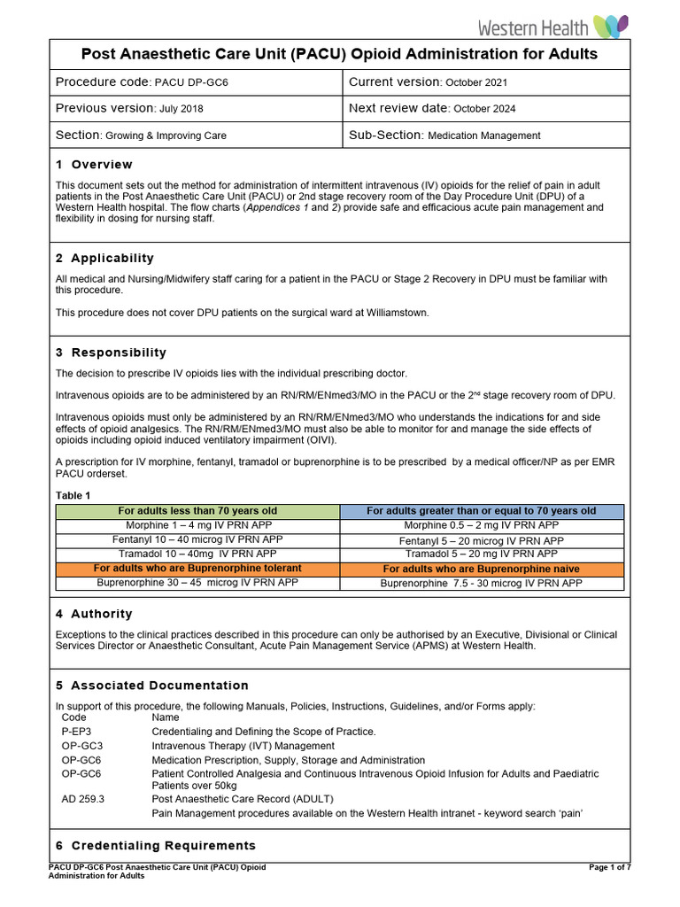 PACU Opioid Administration Guidelines | PDF | Opioid | Nurse Practitioner