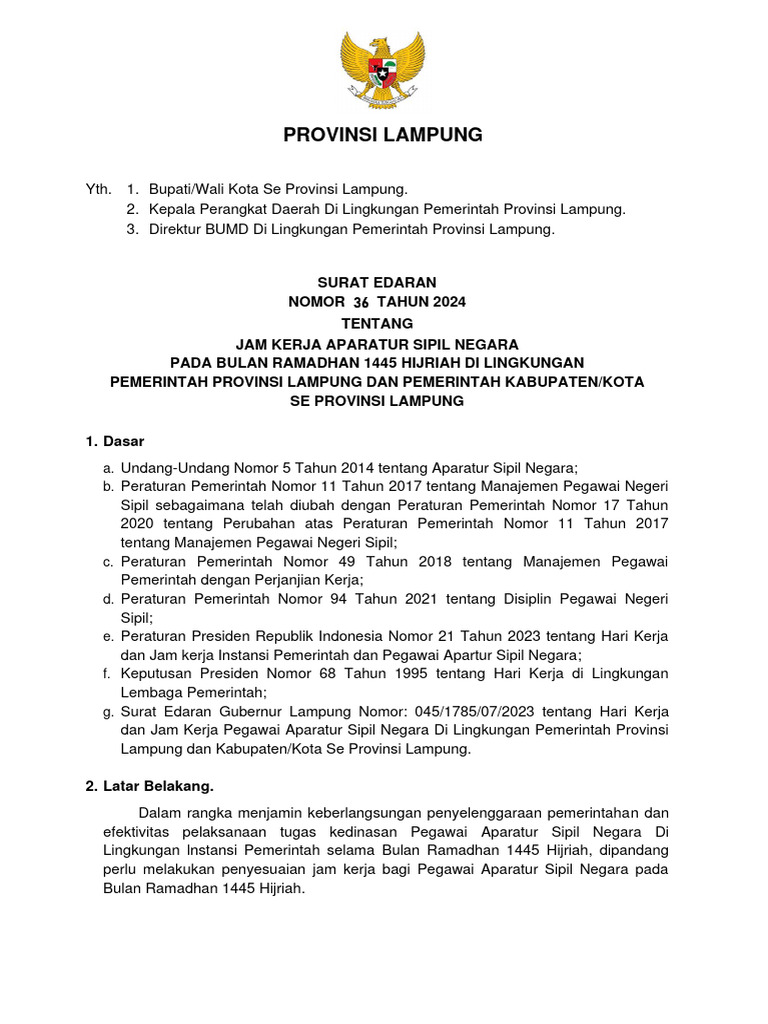 Surat Edaran Sekda Tentang Jam Kerja Bulan Ramadhan Tahun 2024 | PDF