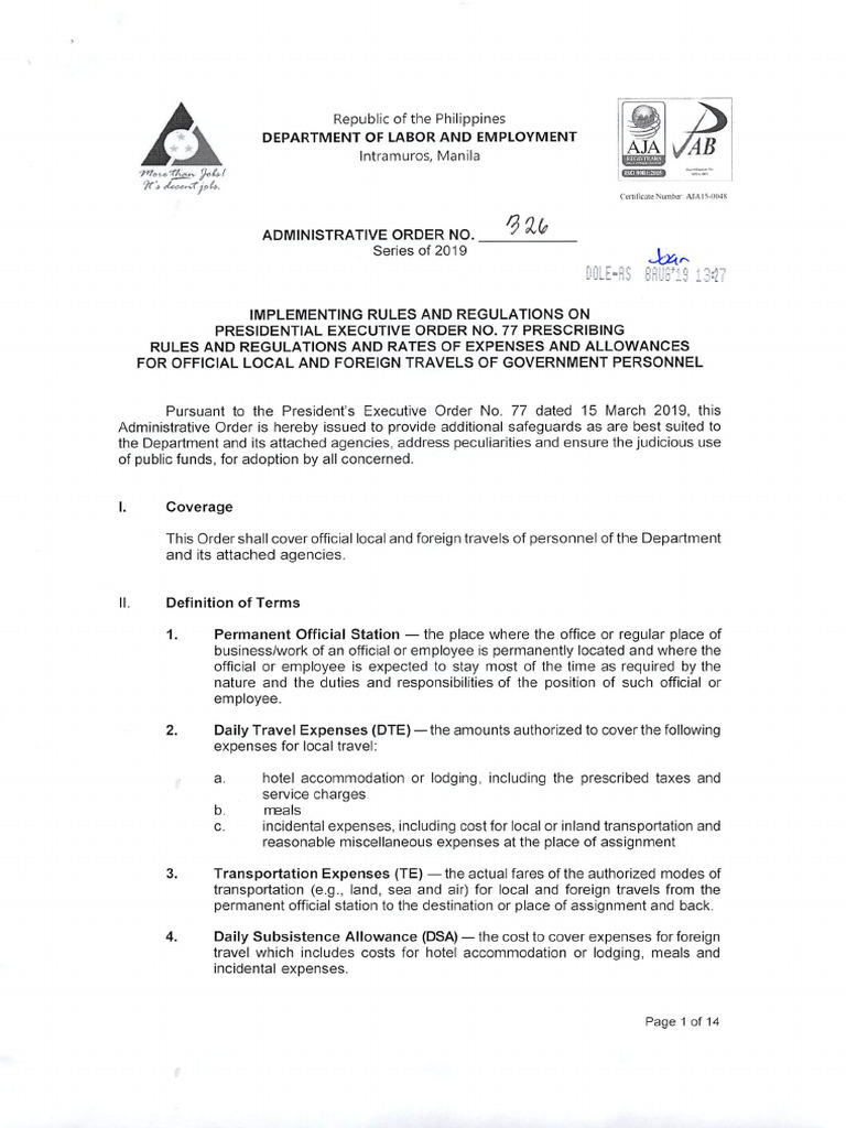 AO 326-19 Implementing Rules and Regulations on Presidential Executive Order No. 77 Prescribing ...