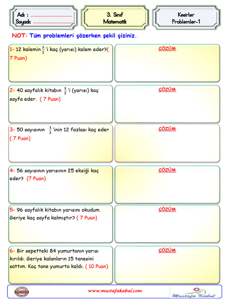 3.sınıf Matematik Kesirler Problemler 1 | PDF