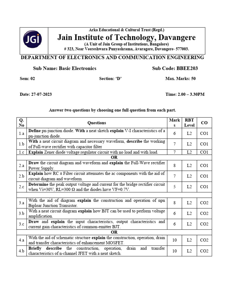 Basic ELN - IA 1 - QP | PDF | Field Effect Transistor | Rectifier