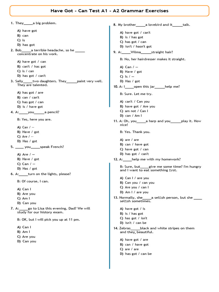 447 Have Got Can Test a1 a2 Grammar | PDF