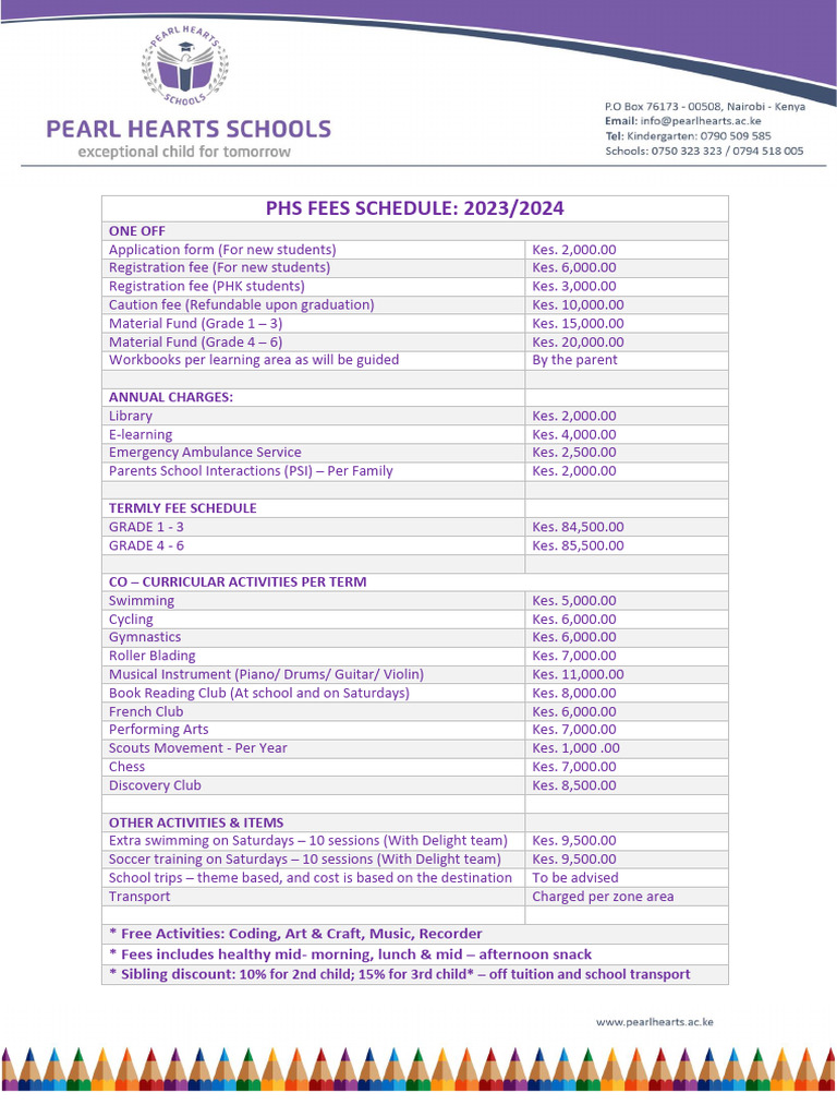 PHS Fee Schedule Grade 1 - 6 Per Student 2024 | PDF