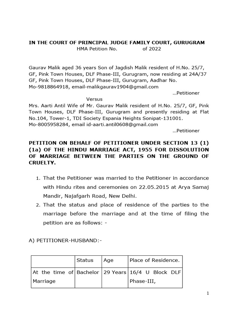 Petition Divorce Gaurav Malik Vs Aarti Antil Petitioner Pdf