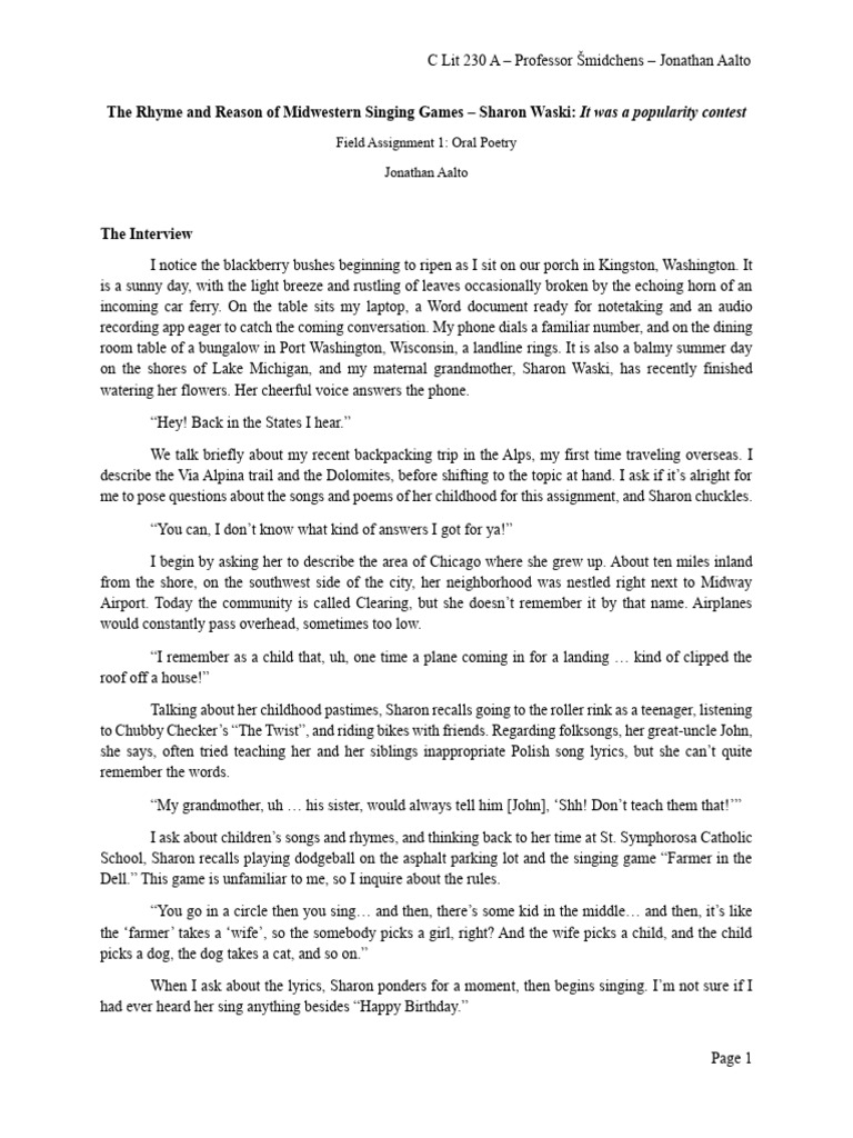 Field Assignment 1 - Interview With Sharon Waski - Jonathan Aalto | PDF