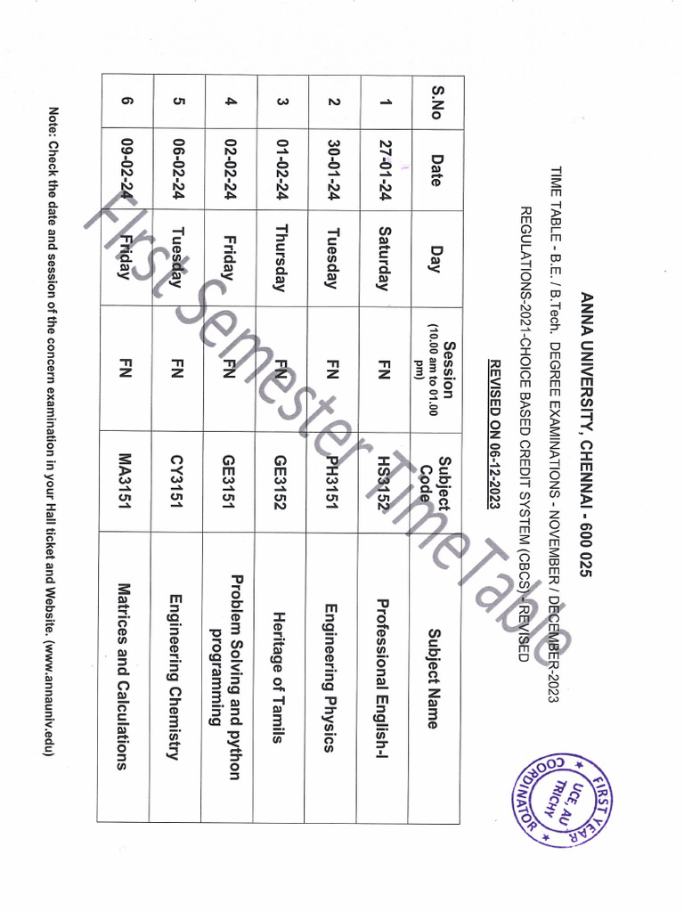 First Semester Time Table | PDF