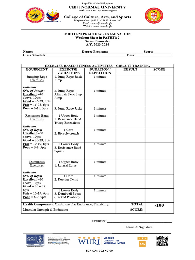 PATHFit 2 Midterm Exam Workout Sheet | PDF | Strength Training | Human ...