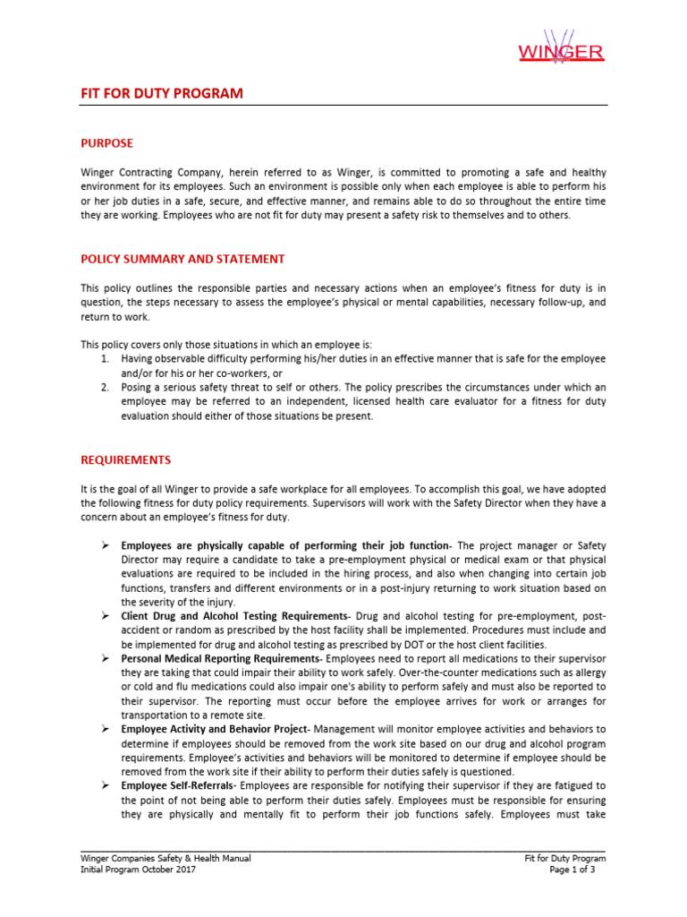 Safety Manual Fit For Duty | PDF