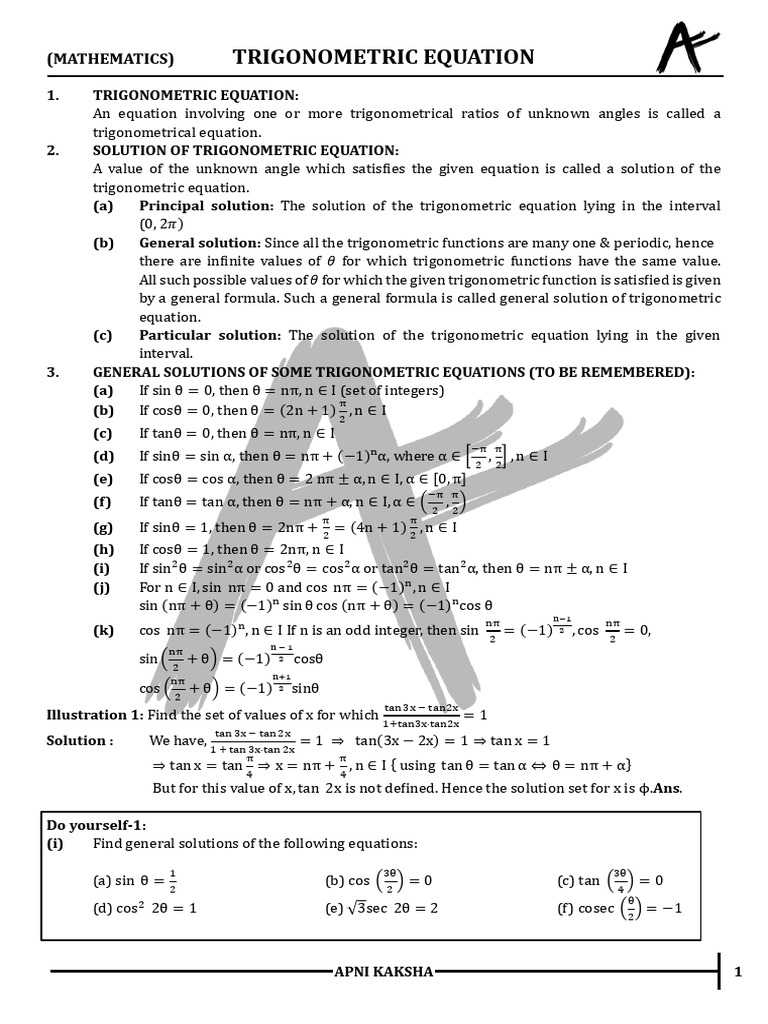 Sheet - 01 - Trigonometric Equations | PDF | Trigonometric Functions | Equations