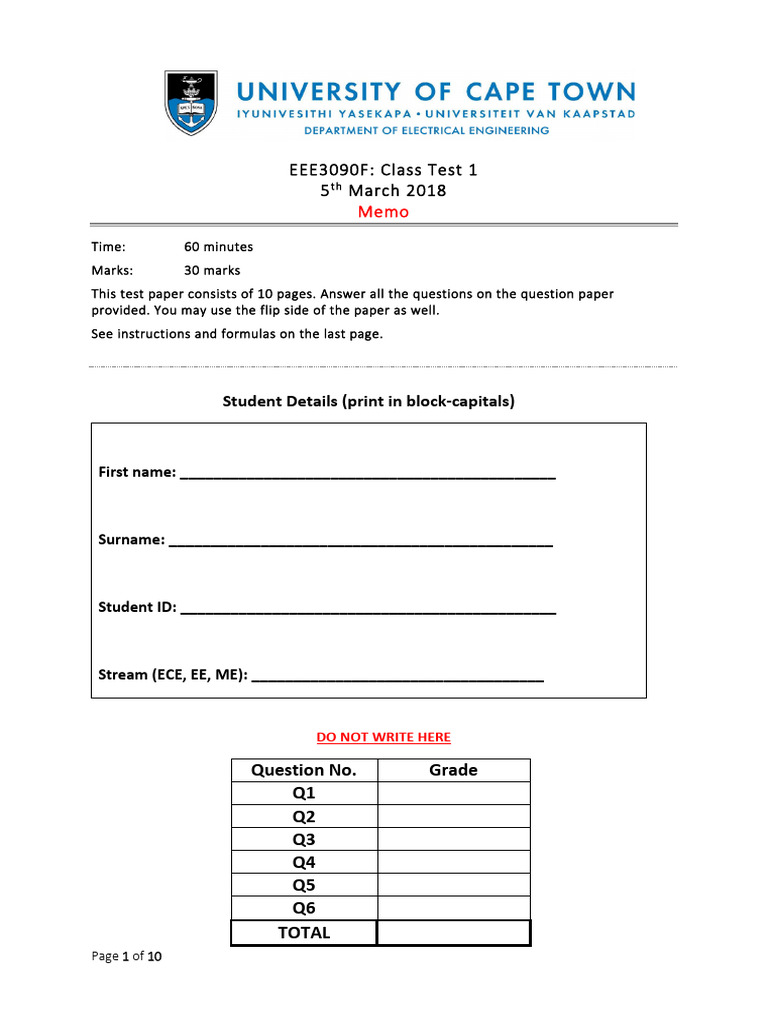 EEE3090F 2018 Class Test 1 - solutions | PDF | Operational Amplifier ...