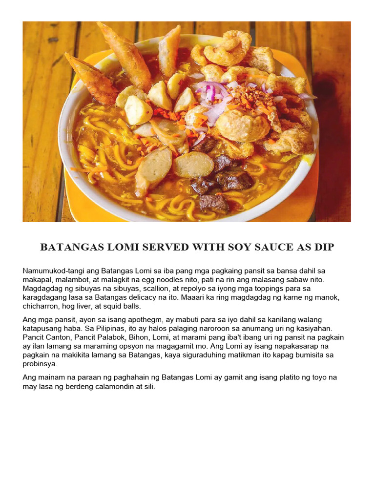 Batangas Lomi Served With Soy Sauce As Dip | PDF
