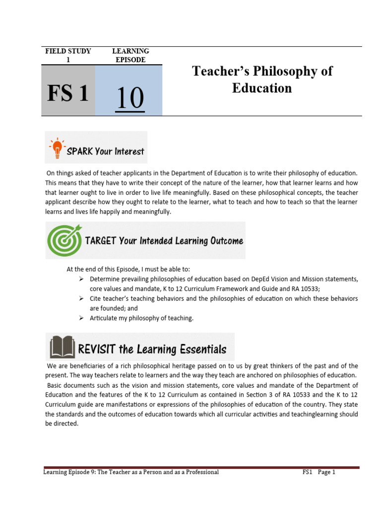 Teacher's Philosophy of Education: Field Study 1 Learning Episode | PDF | Constructivism ...