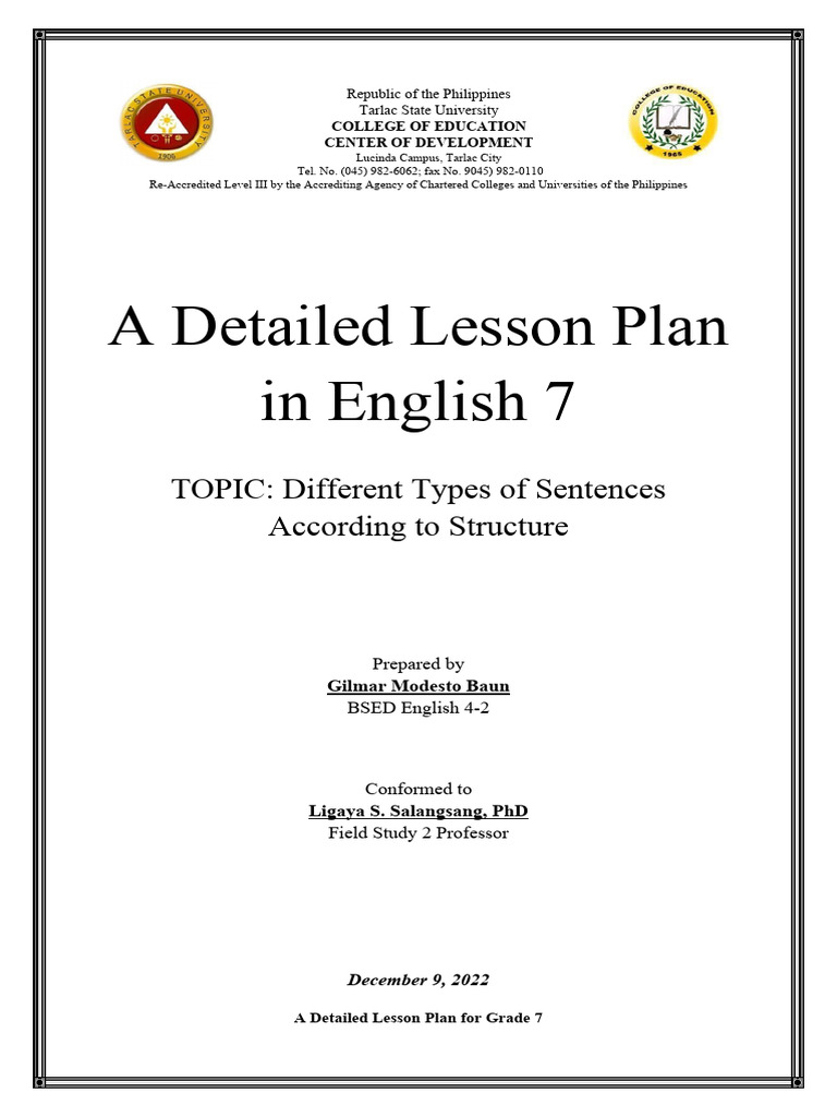A Detailed Lesson Plan in English 7: TOPIC: Different Types of Sentences According To Structure ...