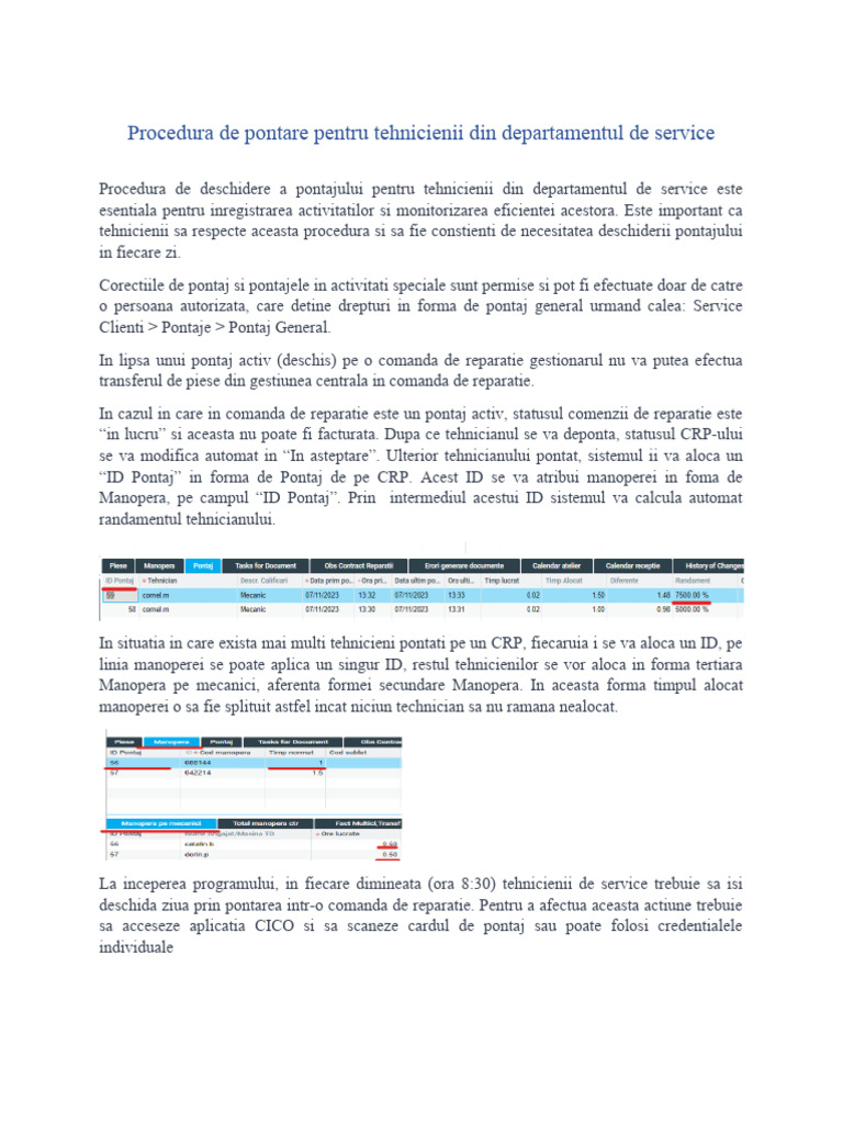 Procedura de Pontare Pentru Tehnicienii Din Departamentul de Service | PDF