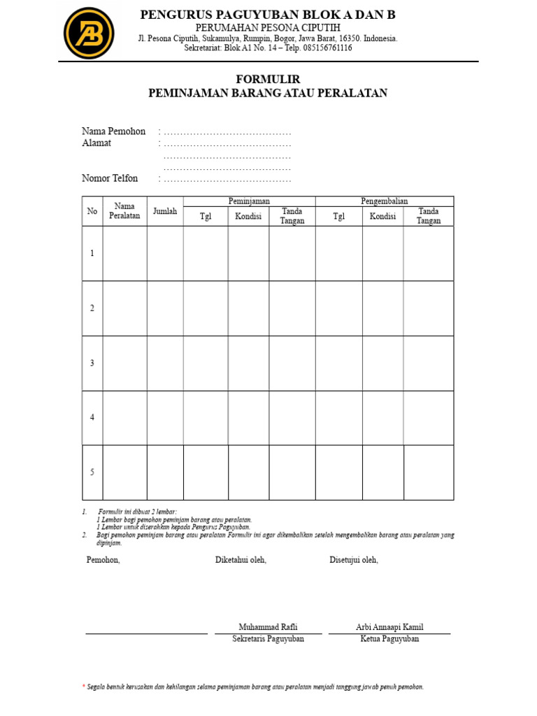 Formulir Peminjaman Barang Atau Peralatan | PDF