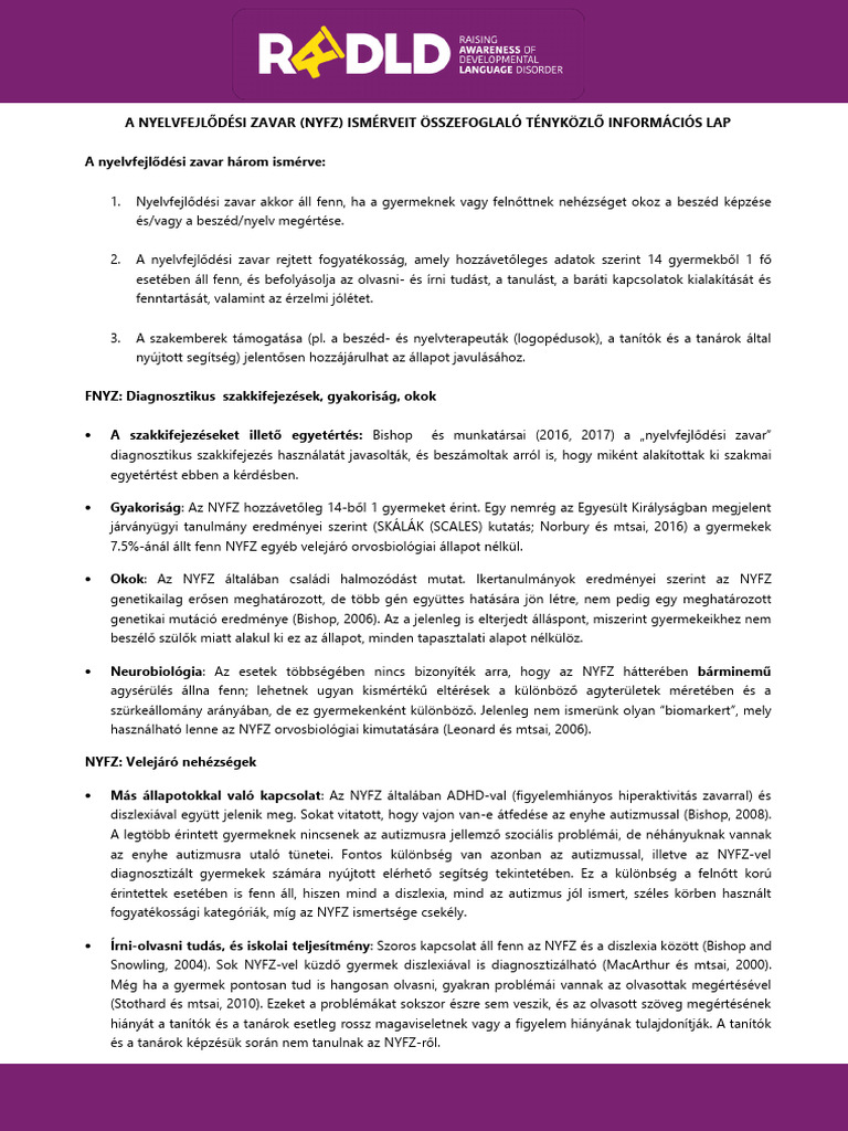 A NYELVFEJLŐDÉSI ZAVAR NYFZ ISMÉRVEIT ÖSSZEFOGLALÓ TÉNYKÖZLŐ INFORMÁCIÓS LAP Hungarian | PDF
