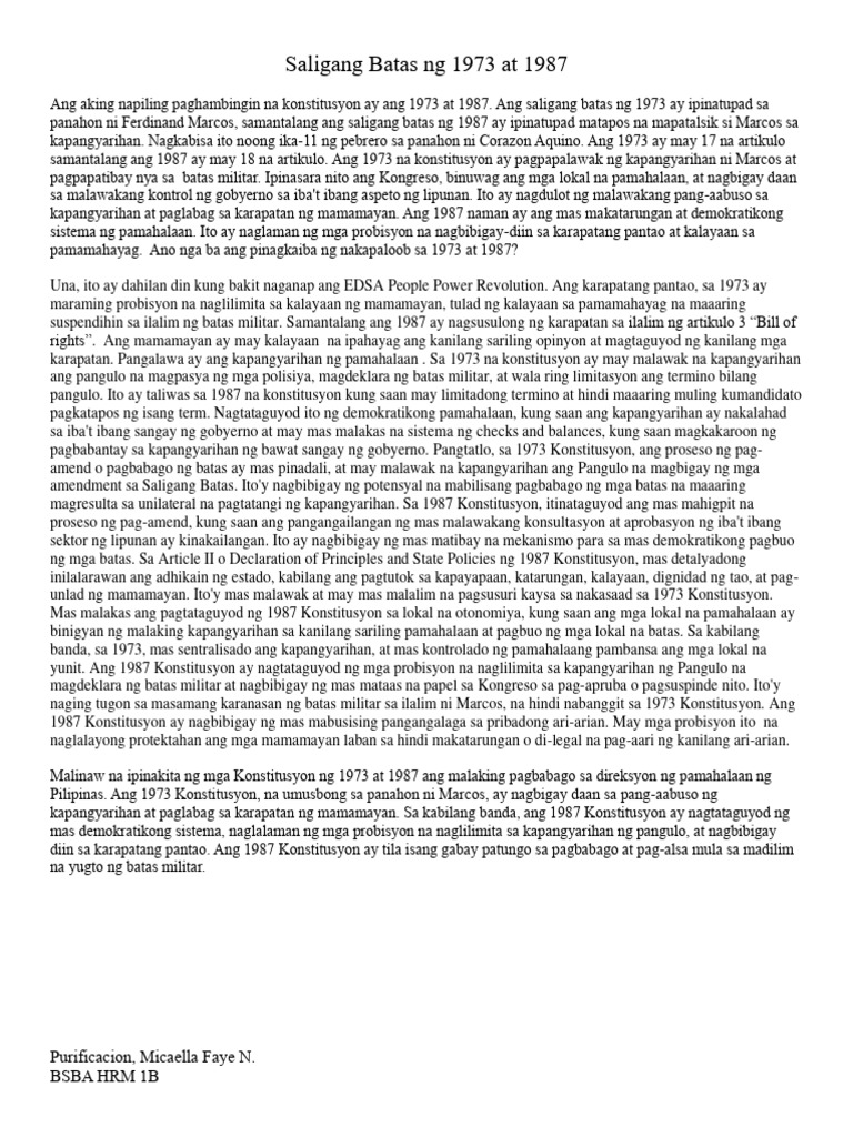 Saligang Batas NG 1973 at 1987: Purificacion, Micaella Faye N. Bsba HRM 1B | PDF