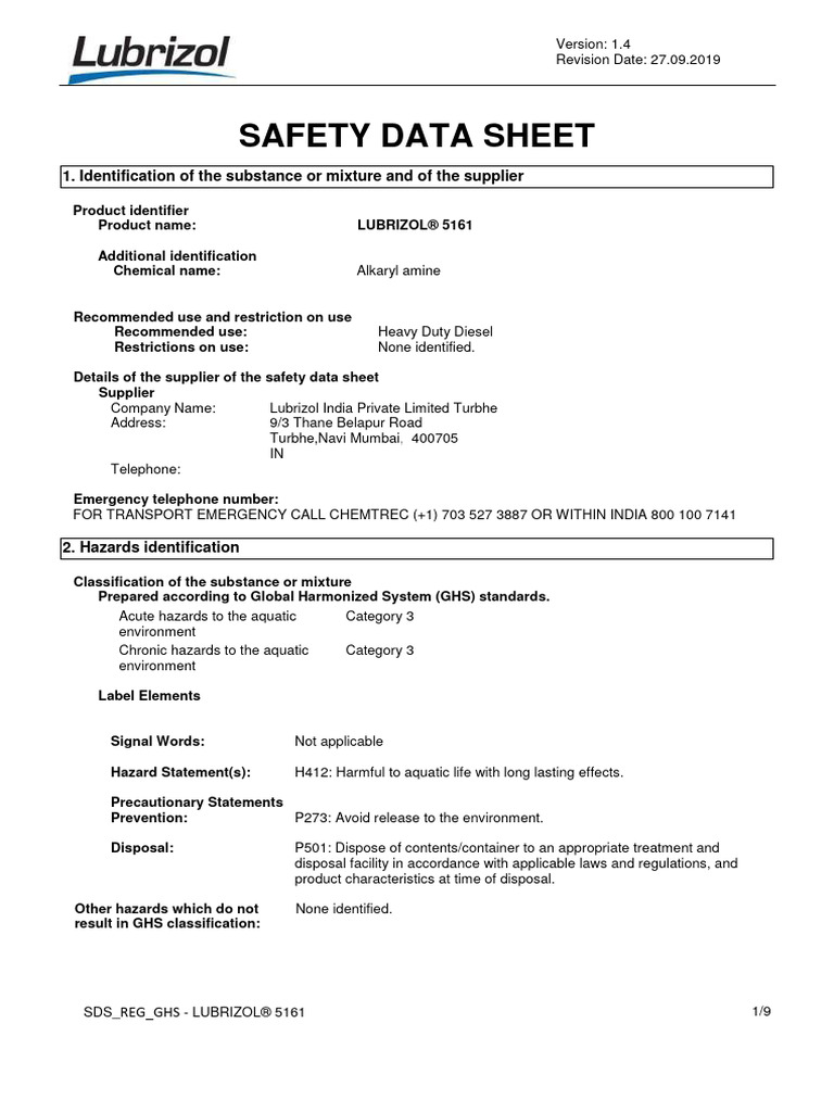Lubrizol 5161 (SDS) | Download Free PDF | Personal Protective Equipment | Physical Sciences