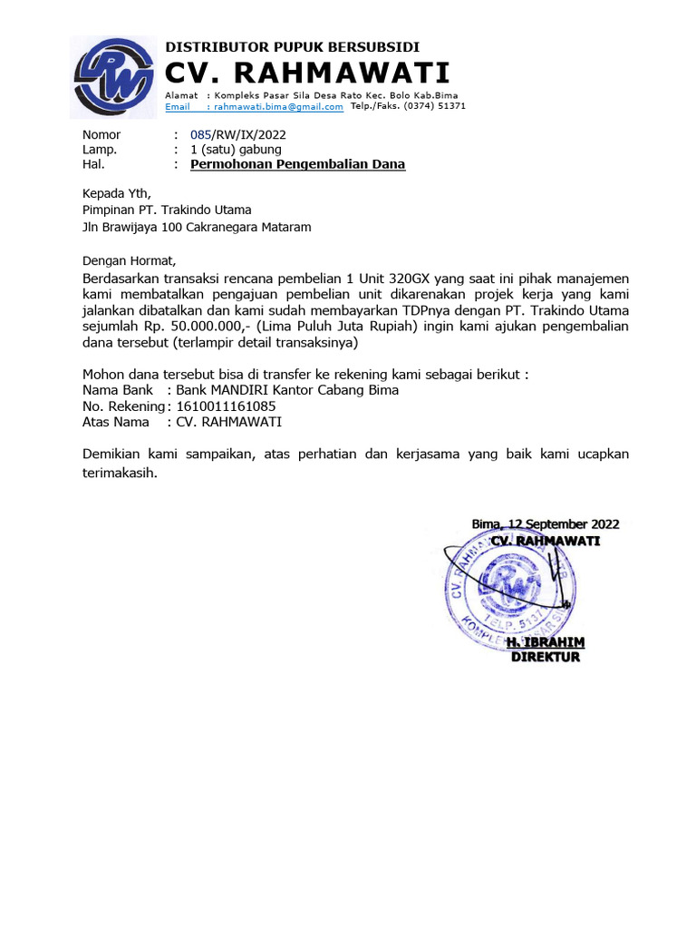 Surat Permohonan Pengembalian Uang DP Unit | PDF