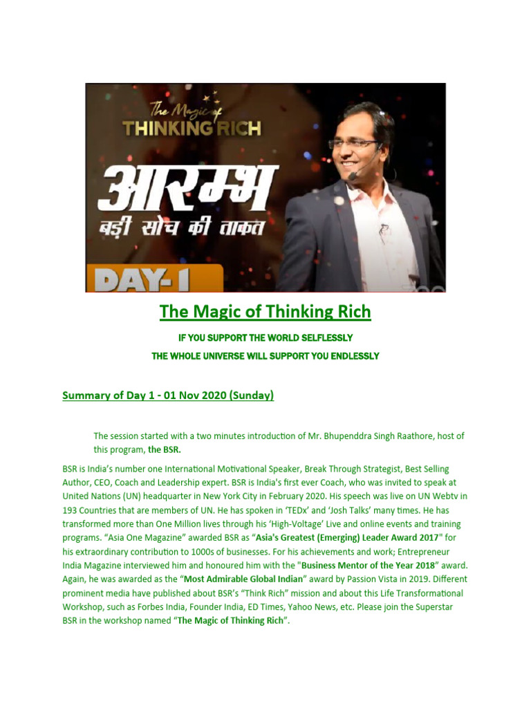 The Magic of Thinking Rich - Summary of Day 1 English | PDF | Self ...