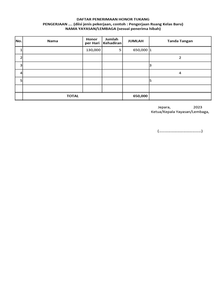 Contoh Format Daftar Penerimaan Honor Tukang | PDF