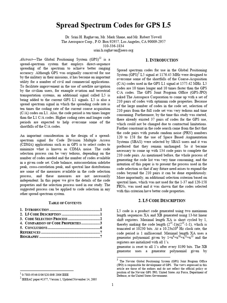 Spread Spectrum Codes For GPS L5: Abstract-The Global Positioning System (GPS) | PDF | Global ...