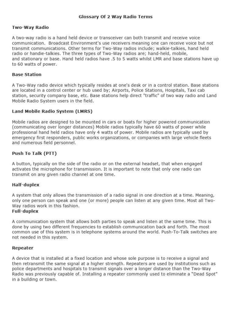 Glossary of 2 Way Radio Terms | PDF | Radio | Ultra High Frequency Glossary of 2 Way Radio Terms | PDF | Radio | Ultra High Frequency