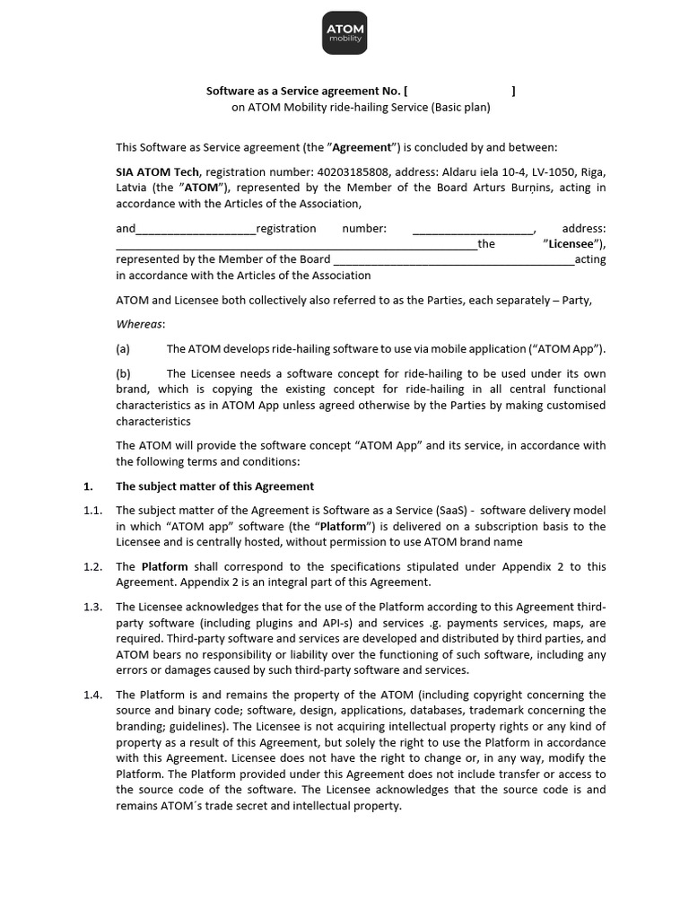 ATOM Ride-Hailing Agreement | PDF | Source Code | Application Software