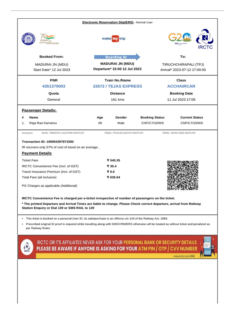 NR7613275301471804Eticket Madurai To Trichy | PDF | Identity Document