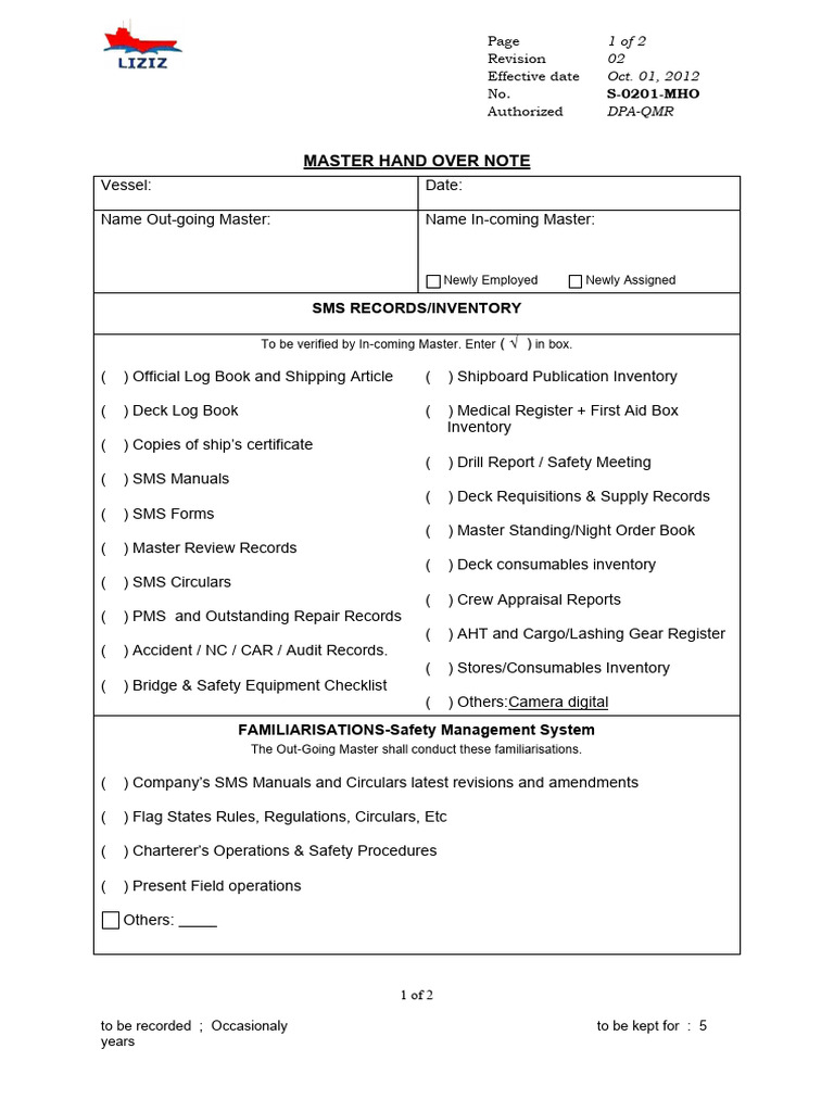 Master's Night Order Handover Note | PDF | Transport | Ships