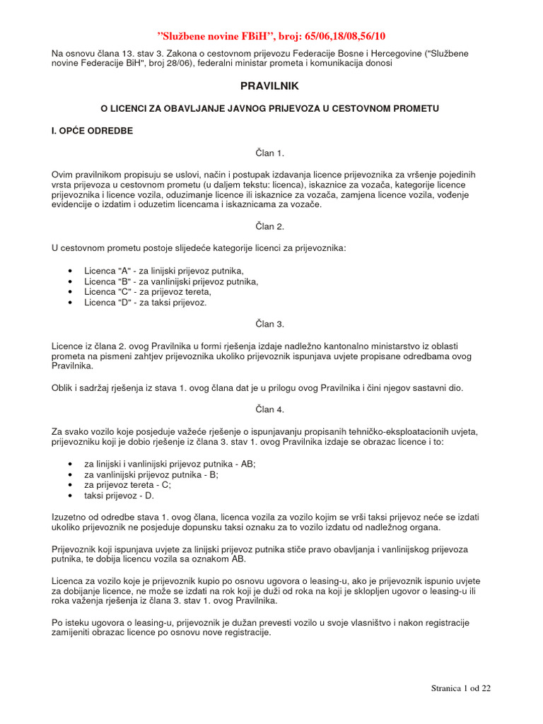 Pravilnik o Licenci Za Obavljanje Javnog Prijevoza U Cestovnom Prometu | PDF