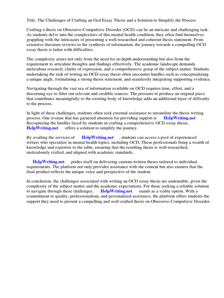Ocd Essay Thesis | PDF | Obsessive–Compulsive Disorder | Cognitive ...