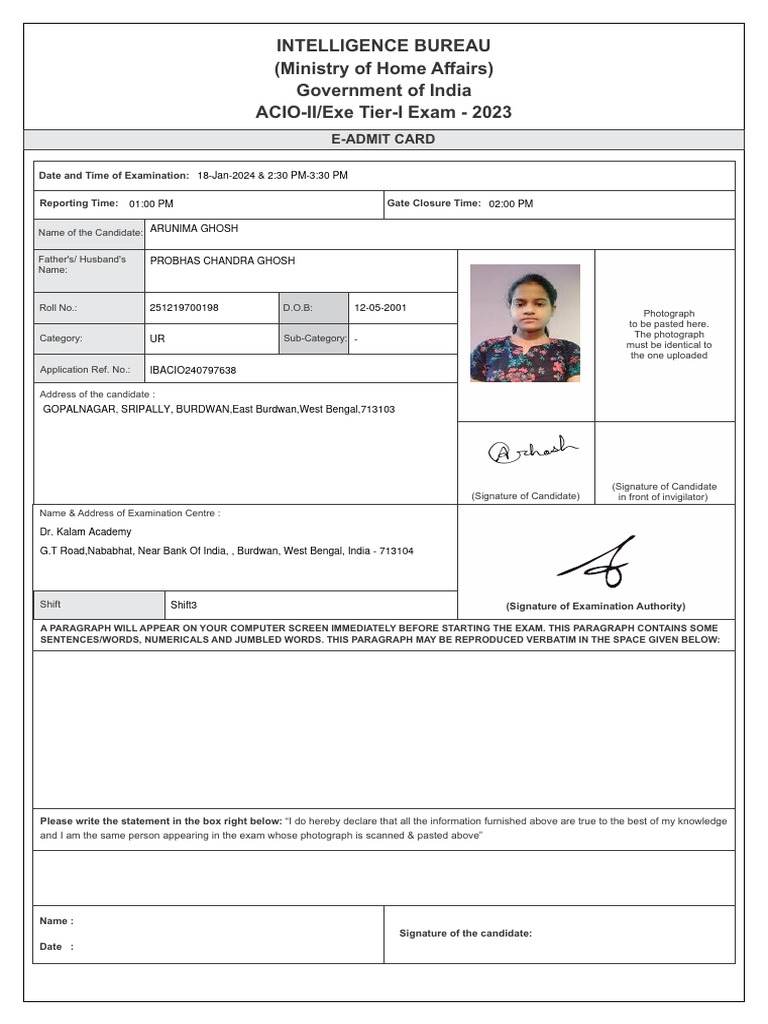 IB ACIO-II Exam Admit Card 2023 | PDF