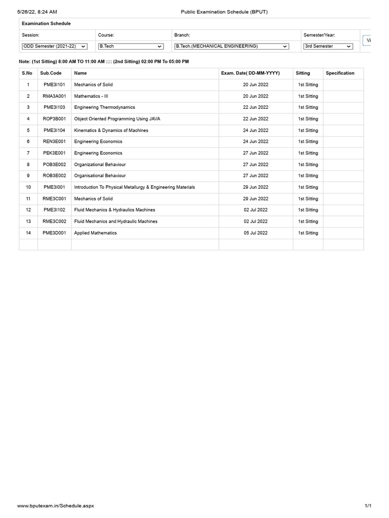 Public Examination Schedule (BPUT) | PDF | Engineering | Machines