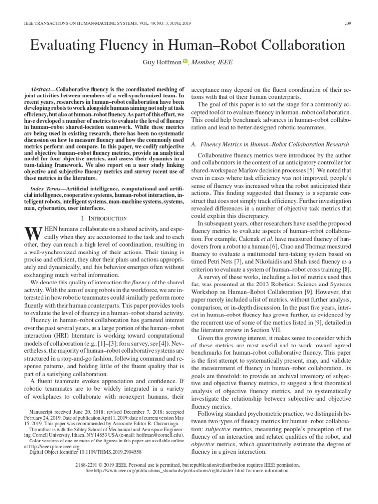 Human-Robot Collaboration Fluency | PDF | Simulation | Performance Indicator