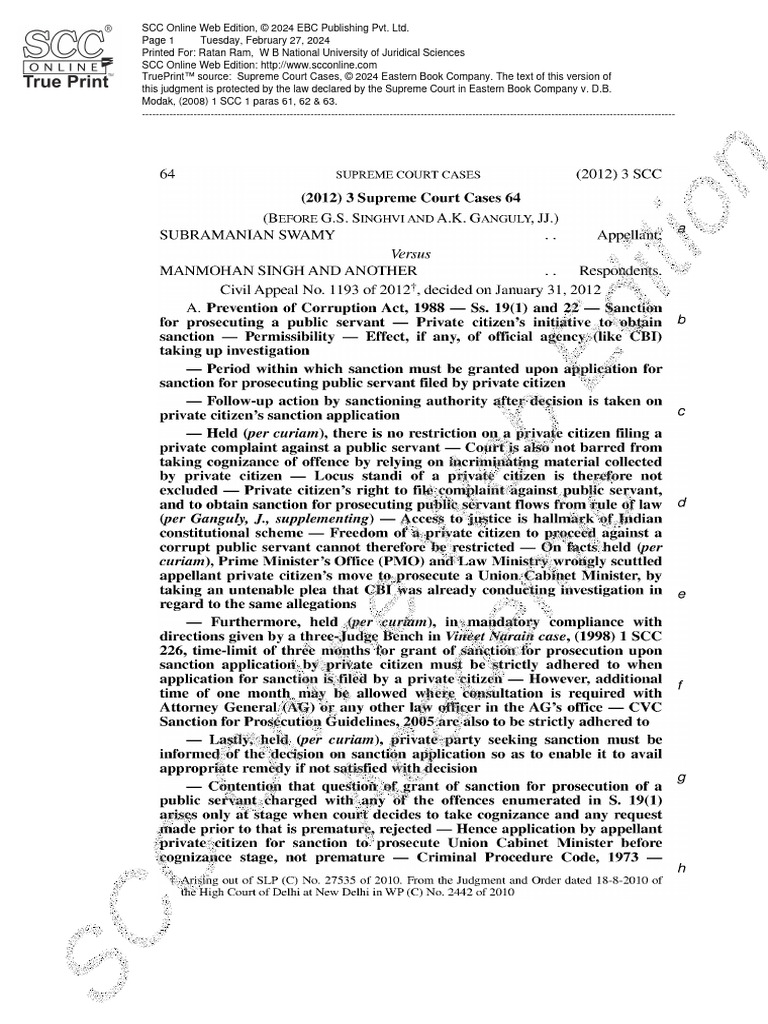 Dr. Subramaniam Swami v. Dr. Manmohan Singh & Anr, 2012 | PDF | Separation Of Powers | Governance