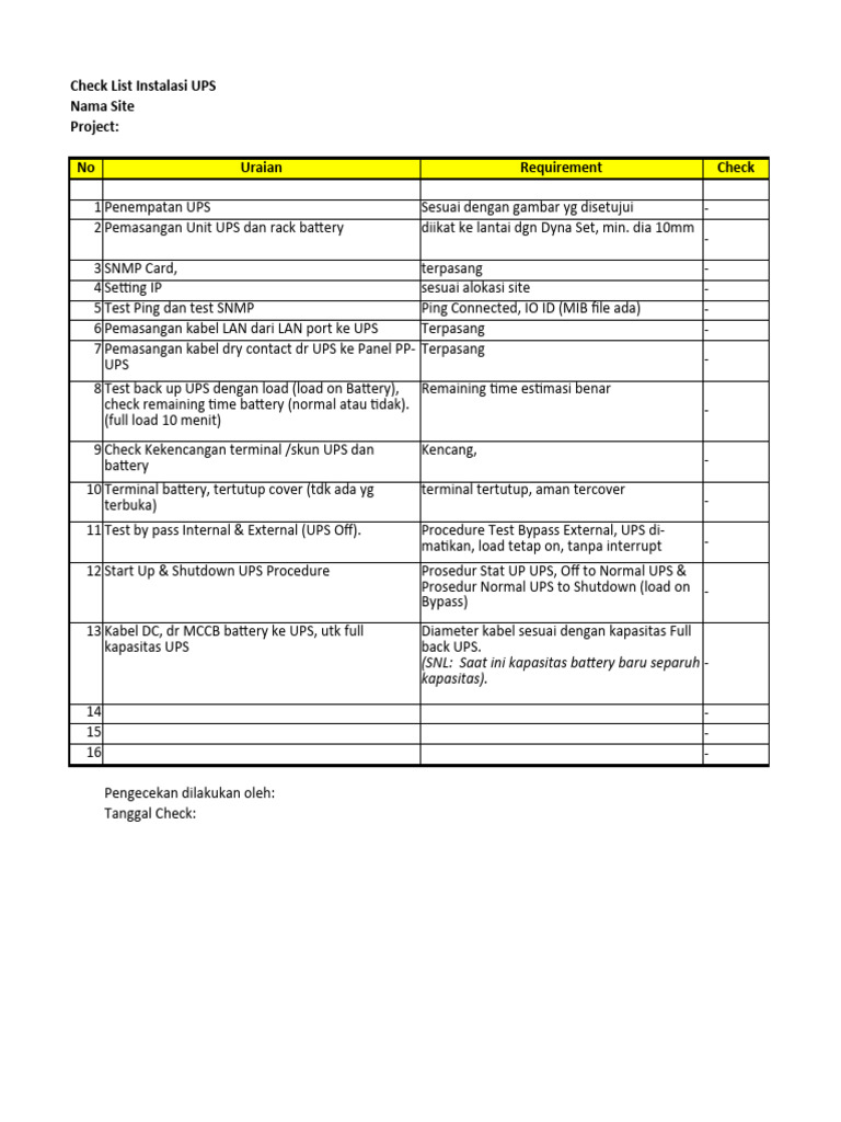 Checklist Instalasi UPS dan Pemasangan | PDF
