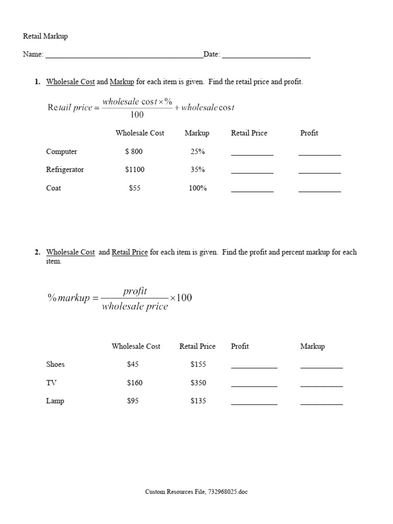 Markups Worksheet | PDF