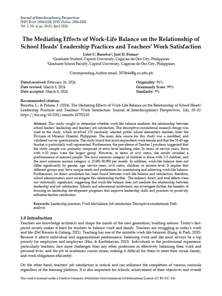 The Mediating Effects of Work-Life Balance On The Relationship of School Heads' Leadership ...