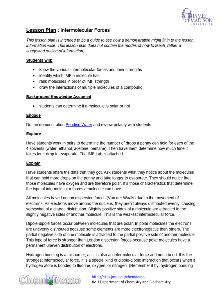 Intermolecular Forces Lesson Plan | PDF | Intermolecular Force ...