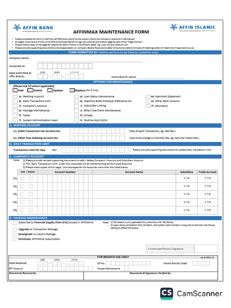 AFFINMAX-MaintenanceForm-ENG 231205 153852 | PDF | Debit Card | Banks