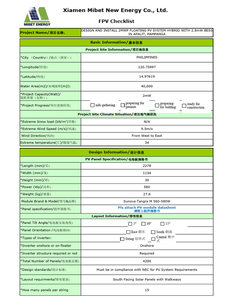 Mibet - Solar Floating Project Checklist | PDF