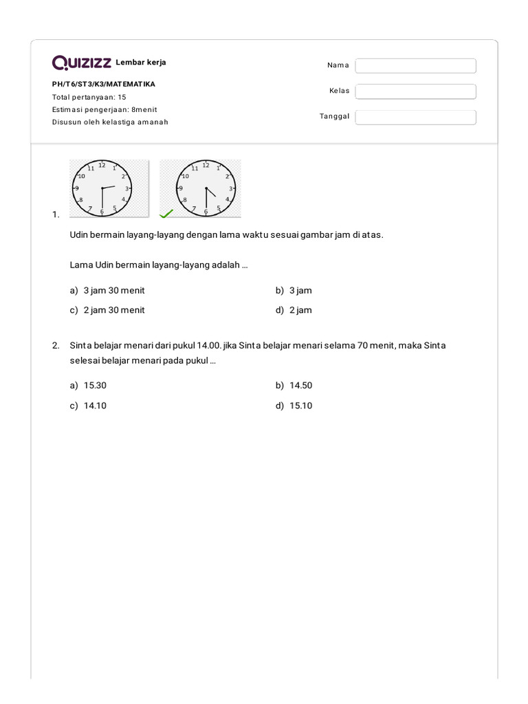 Quizizz - PH - T6 - ST3 - K3 - MATEMATIKA | PDF
