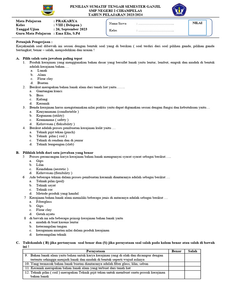 Soal Pts Prakarya Kelas 8 | PDF