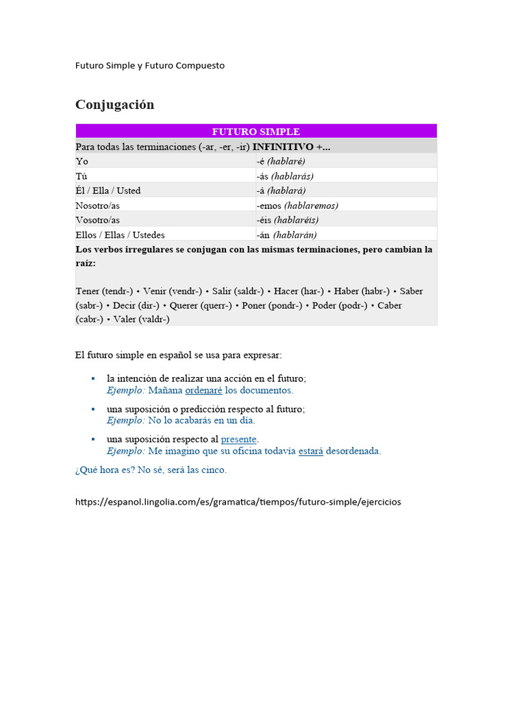 Futuro Simple Y Futuro Compuesto Pdf Verbo Lingüística
