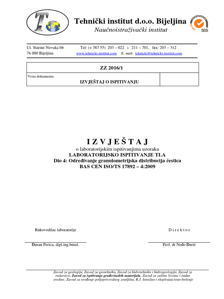 Izvjestaj BAS CEN ISO-TS 17892-4 Granulometrija | PDF