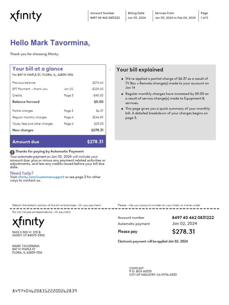 Xfinity Bill Summary for Jan 2024 | PDF | Fee | Service Industries