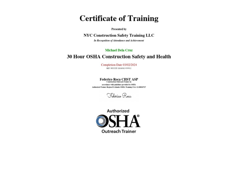 30 Hour OSHA Construction Safety and Health Certificate | PDF